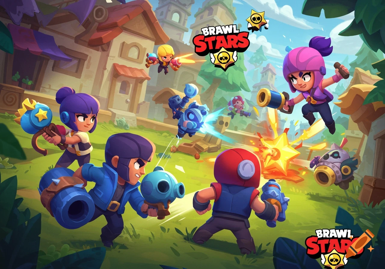 Brawl Stars characters fight in a cartoon scene with buildings and logo ...