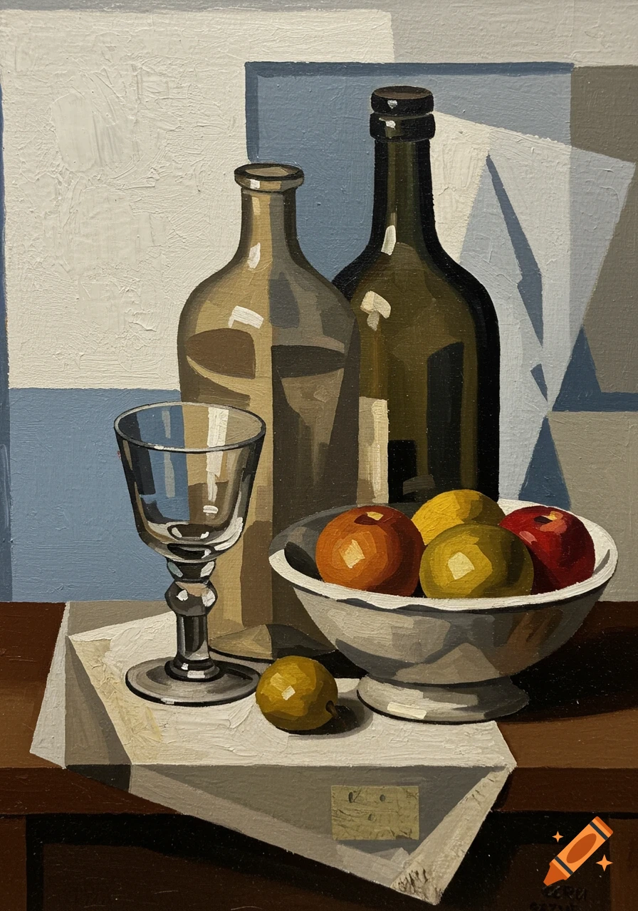 Still life painting of bottles, a glass, fruit bowl, and fruit on a ...