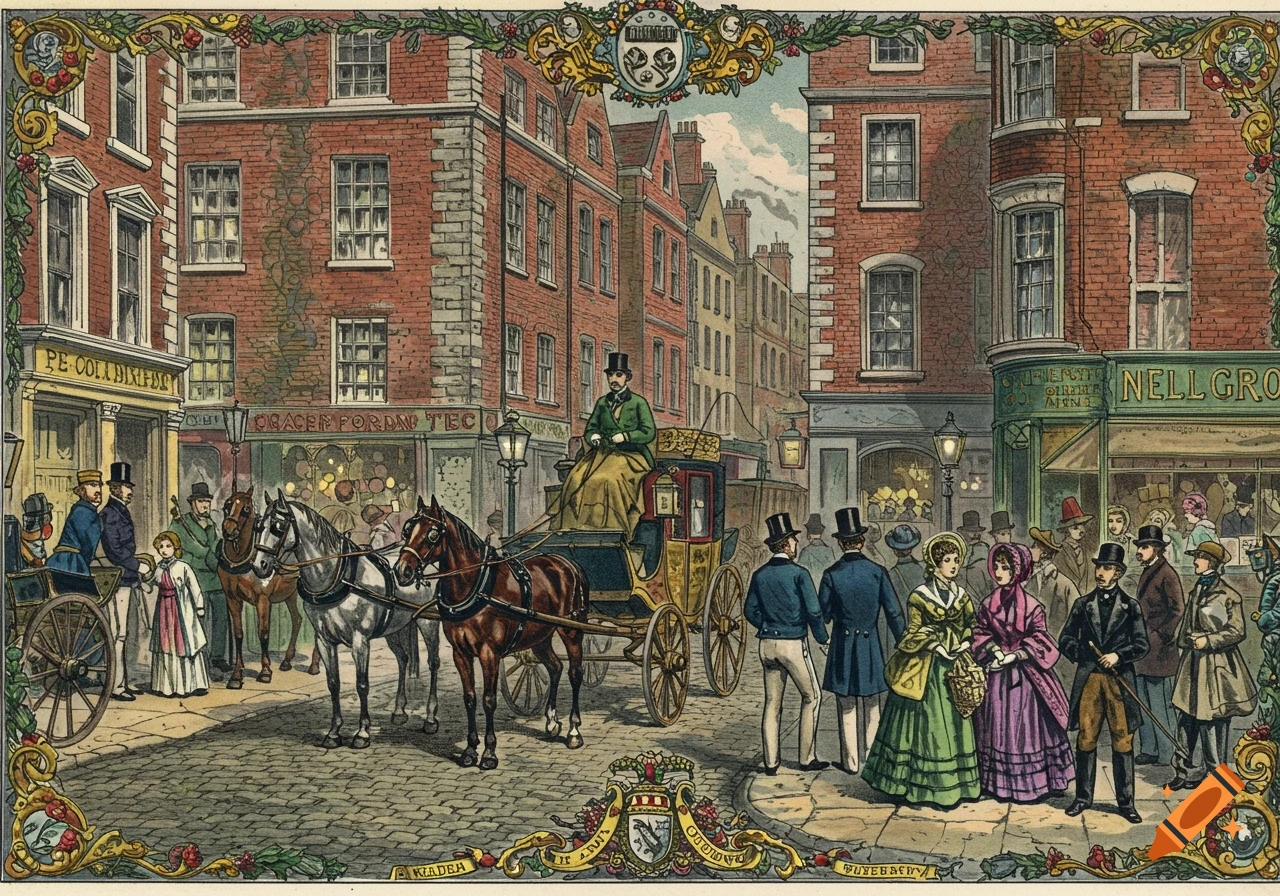 Victorian illustration of a busy street scene with horse-drawn carriage ...