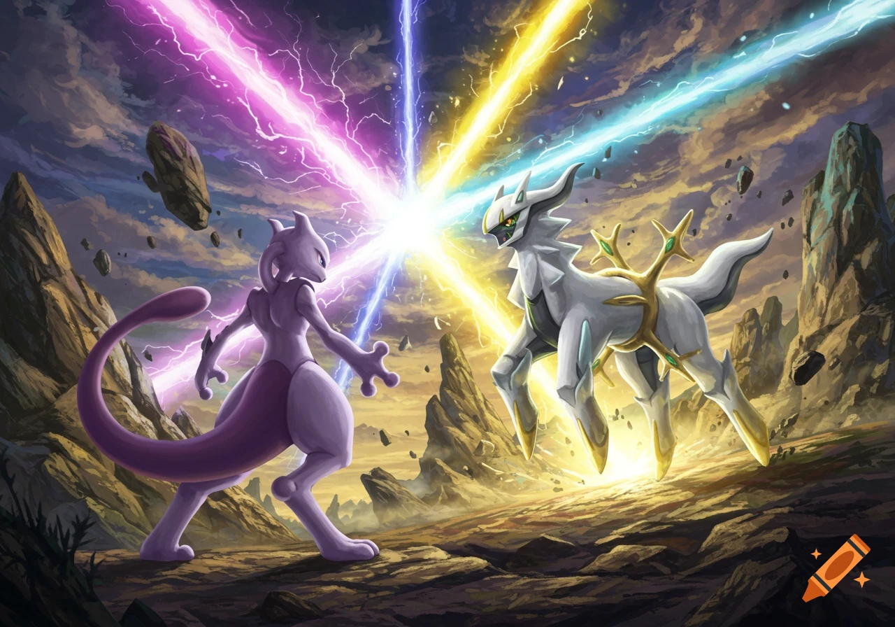Mewtwo and Arceus battle with powerful energy beams in a rocky ...