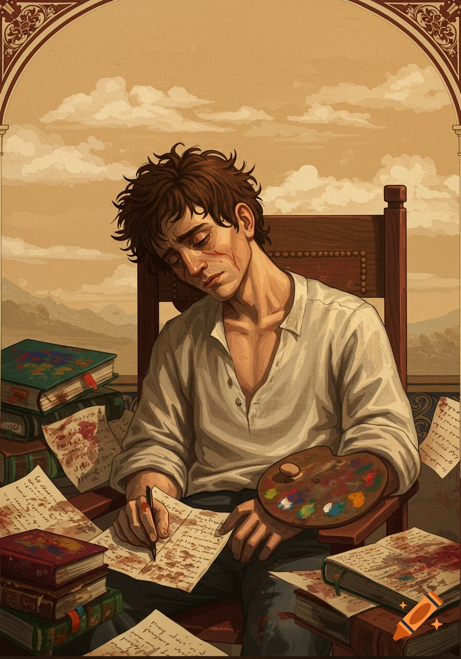 Illustration of a weary man writing at a desk surrounded by books and ...