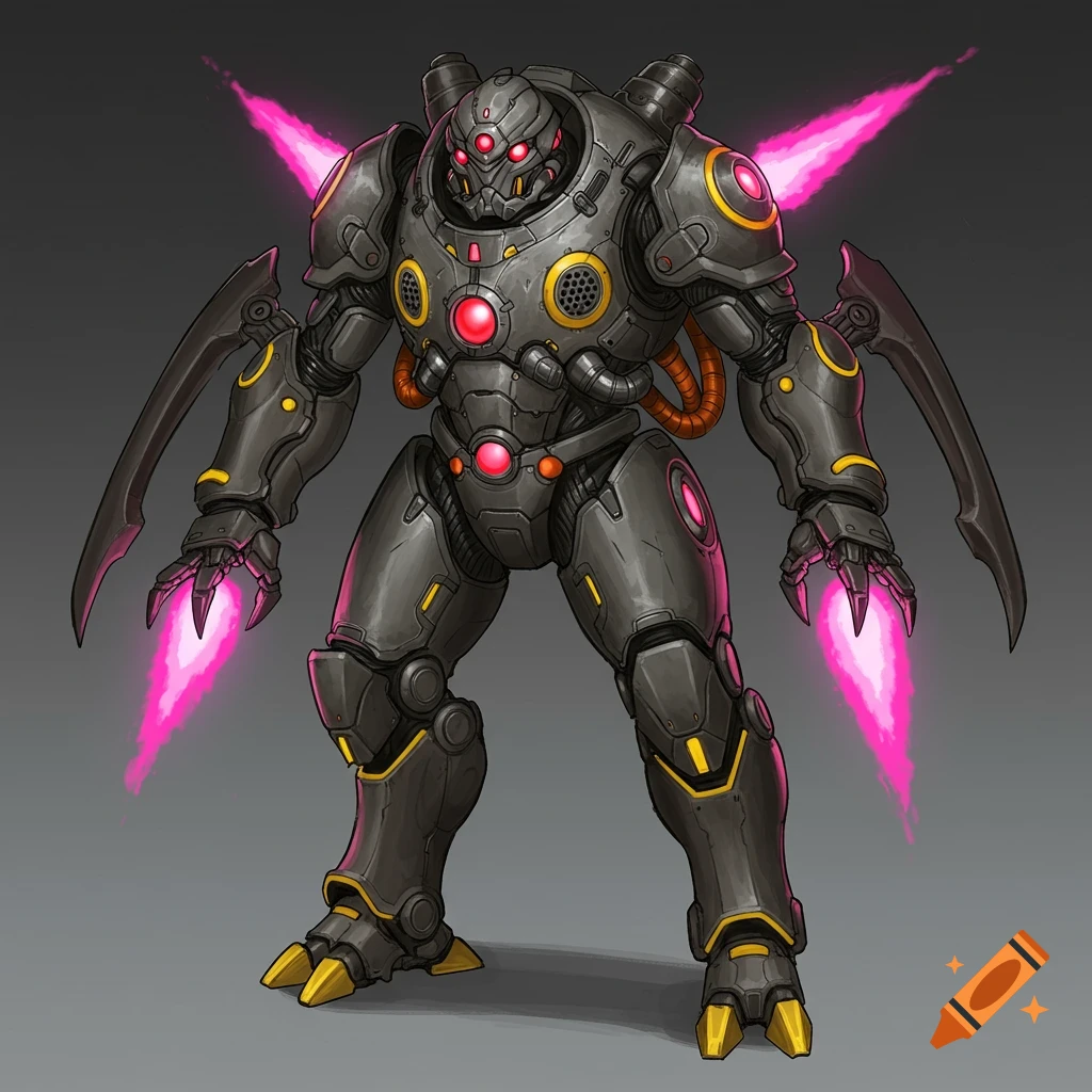 Illustration of a dark grey mech robot with red glowing eyes, yellow ...