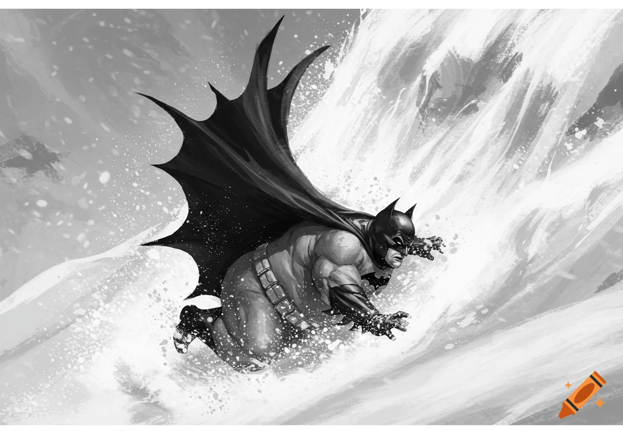 Black and white illustration of Batman sliding down a white avalanche ...