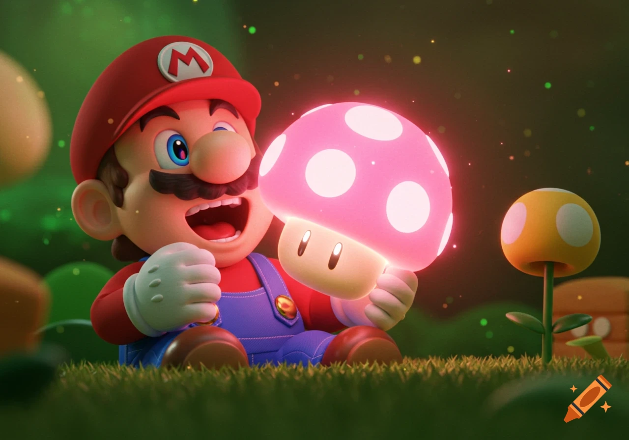 3D render of Mario sitting in grass, holding a glowing pink Super ...