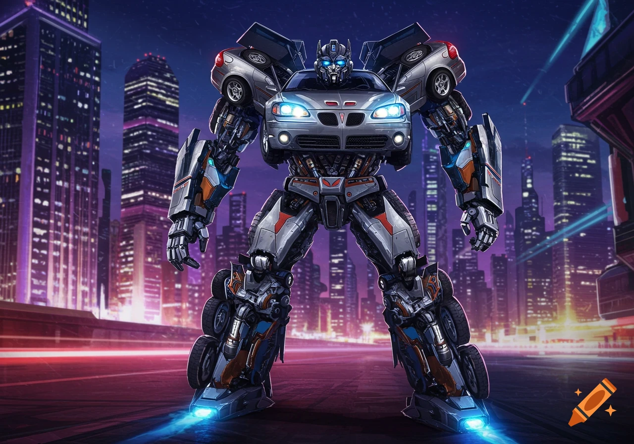 A large robot, a transformer made from a silver Pontiac Grand Prix ...
