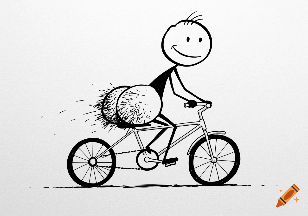 Stick figure drawing of a person with hairy buttocks riding a bicycle ...