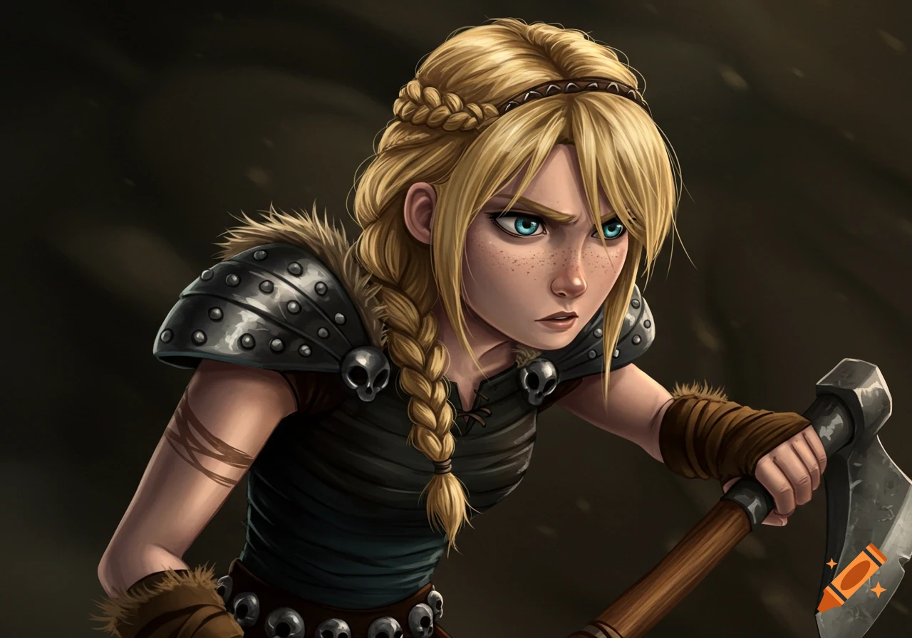 Stylized illustration of a blonde woman with braided hair, wearing ...