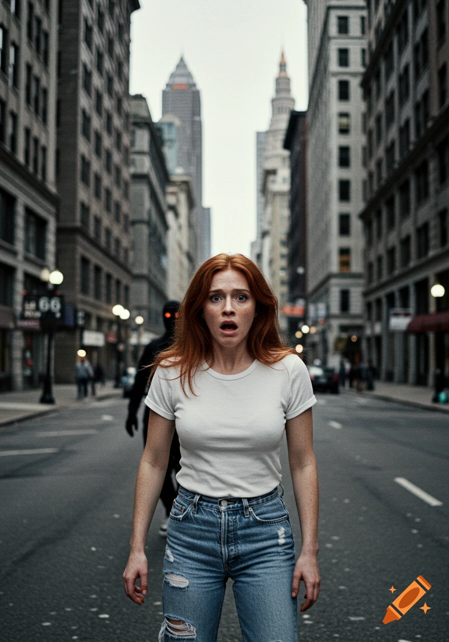 A red-haired woman looks scared, facing the viewer on a city street ...
