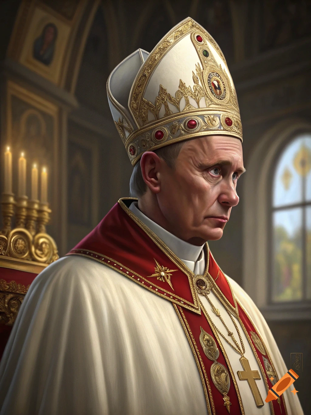 Portrait resembling Vladimir Putin dressed as a Pope in religious robes ...
