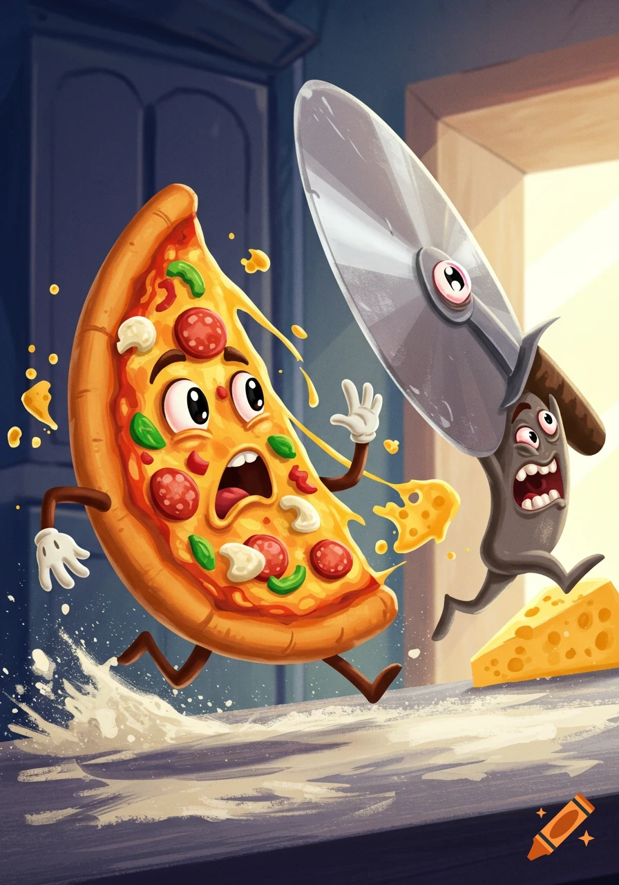 Cartoon pizza slice running from a pizza cutter and cheese in a kitchen ...