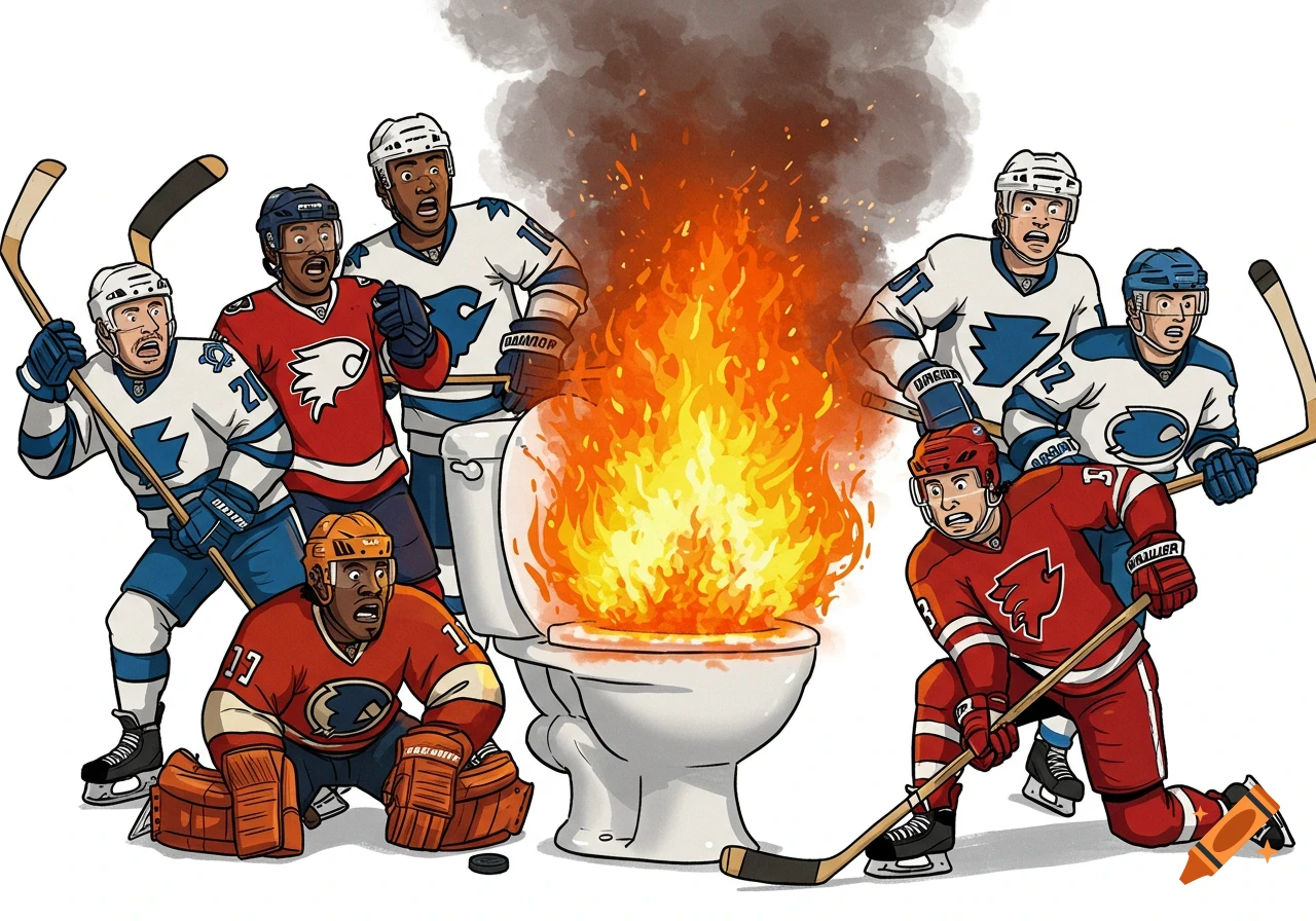 A cartoon depicts surprised hockey players surrounding a flaming toilet ...