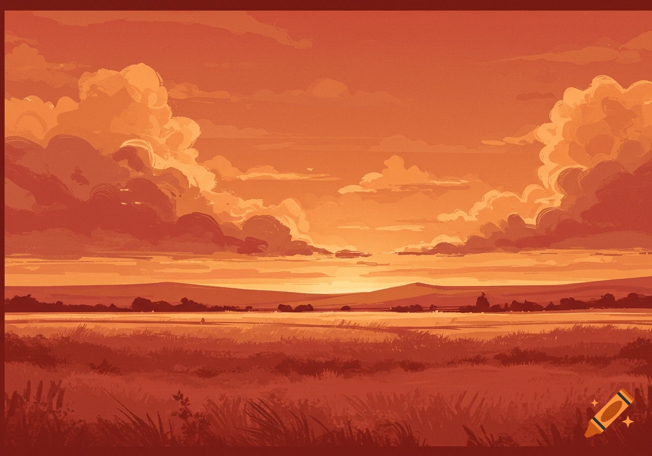 Impressionistic landscape of a sunset over fields in monochromatic ...