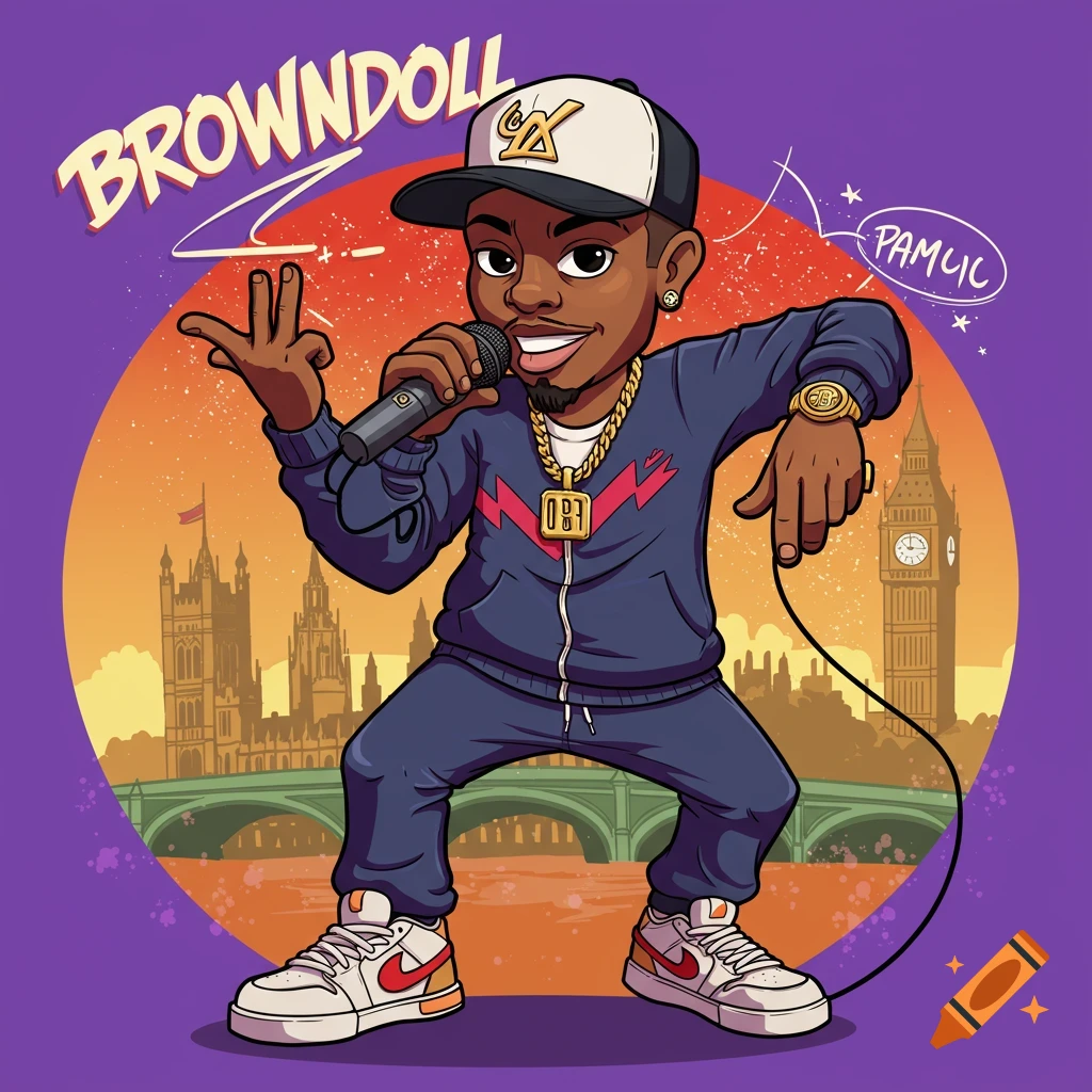 Cartoon rap artist stands in front of the London skyline holding a microphone. on Craiyon