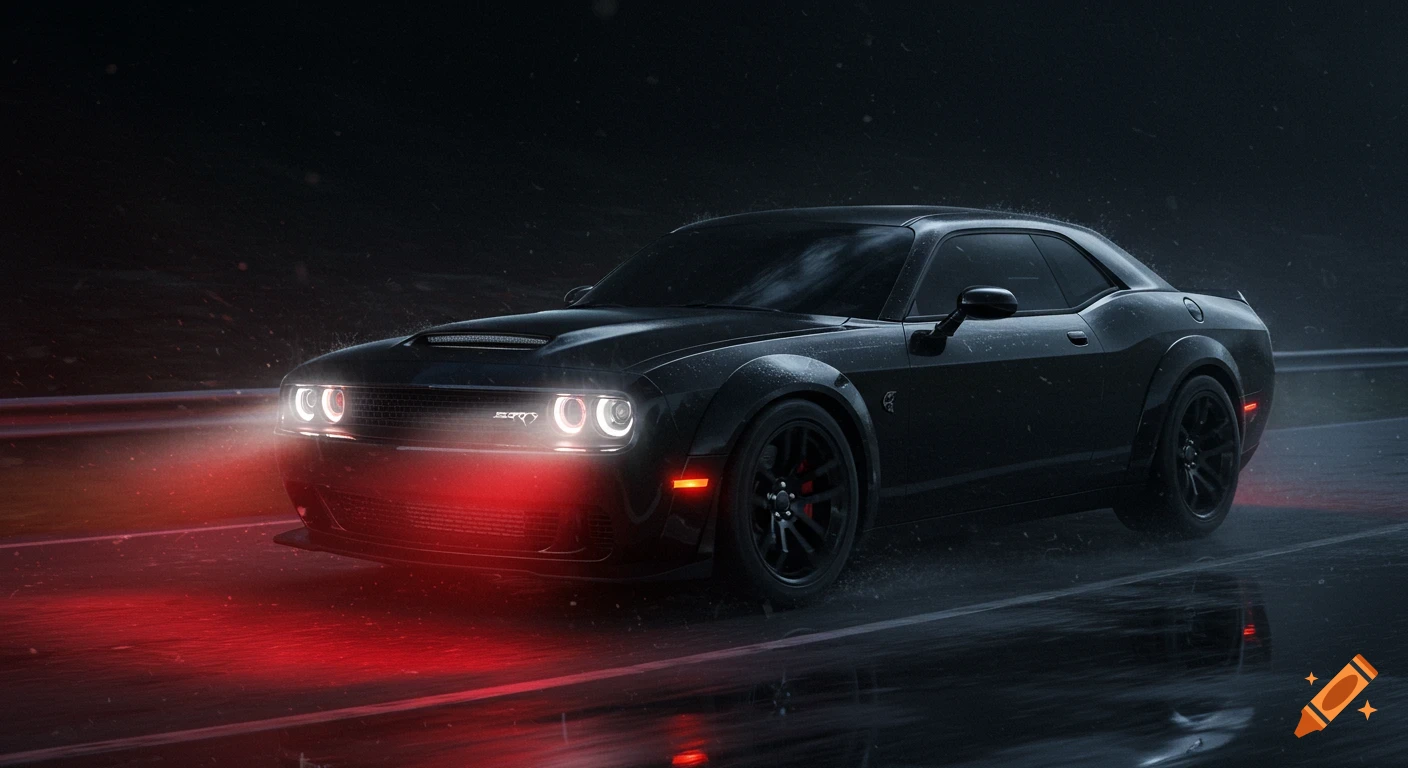 Black Hellcat car driving on a dark, wet road with headlights on. on ...