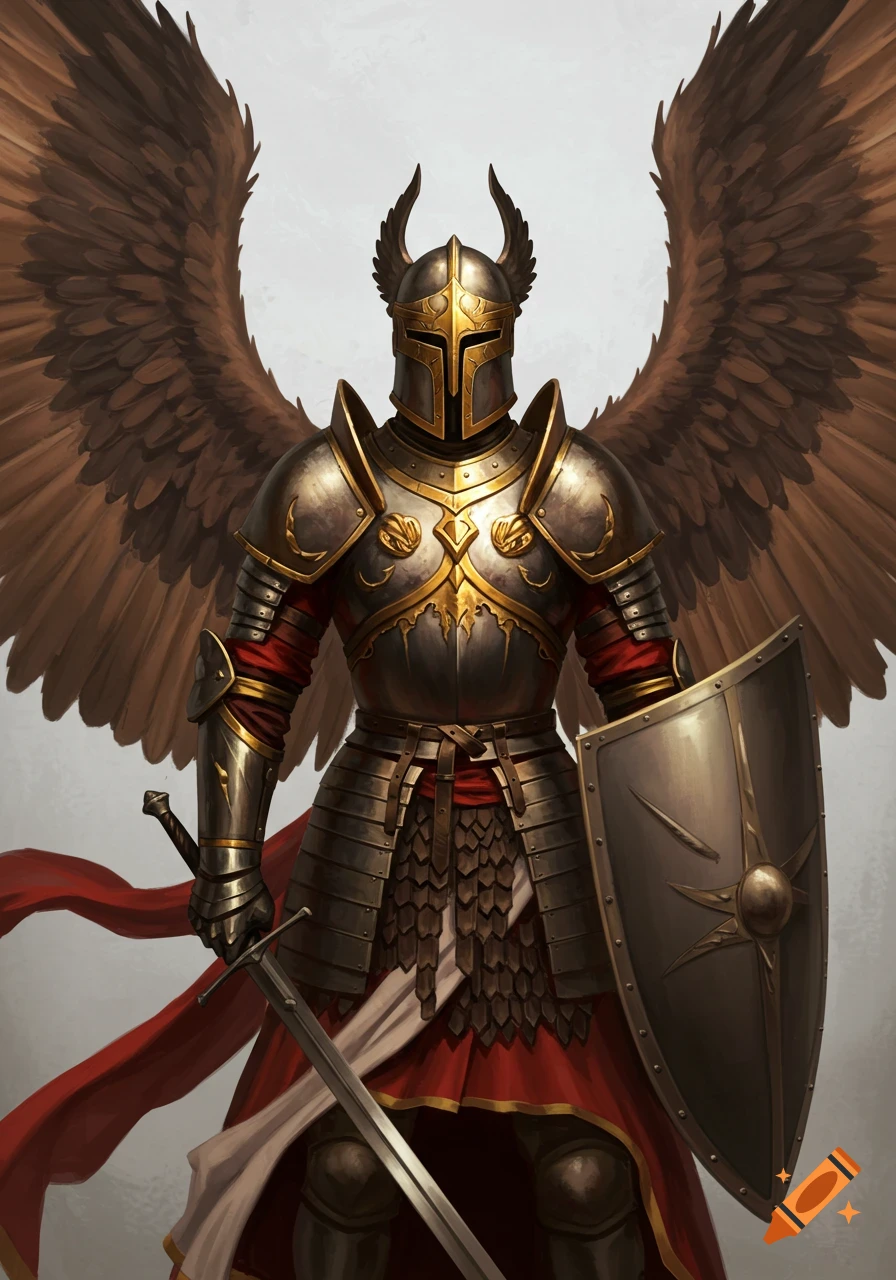 Full body portrait of an armored angel with large wings holding a sword ...