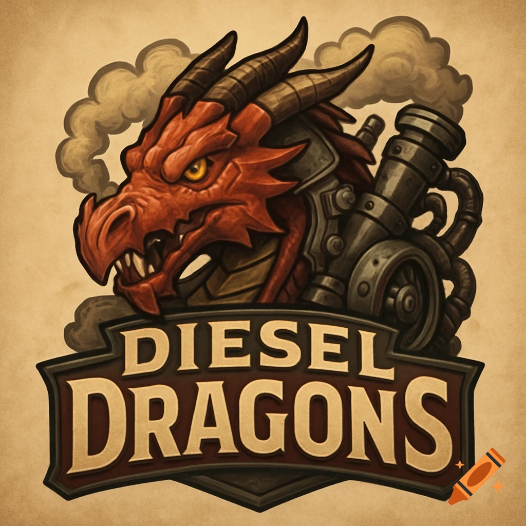 A stylized logo featuring a red dragon head with mechanical parts ...