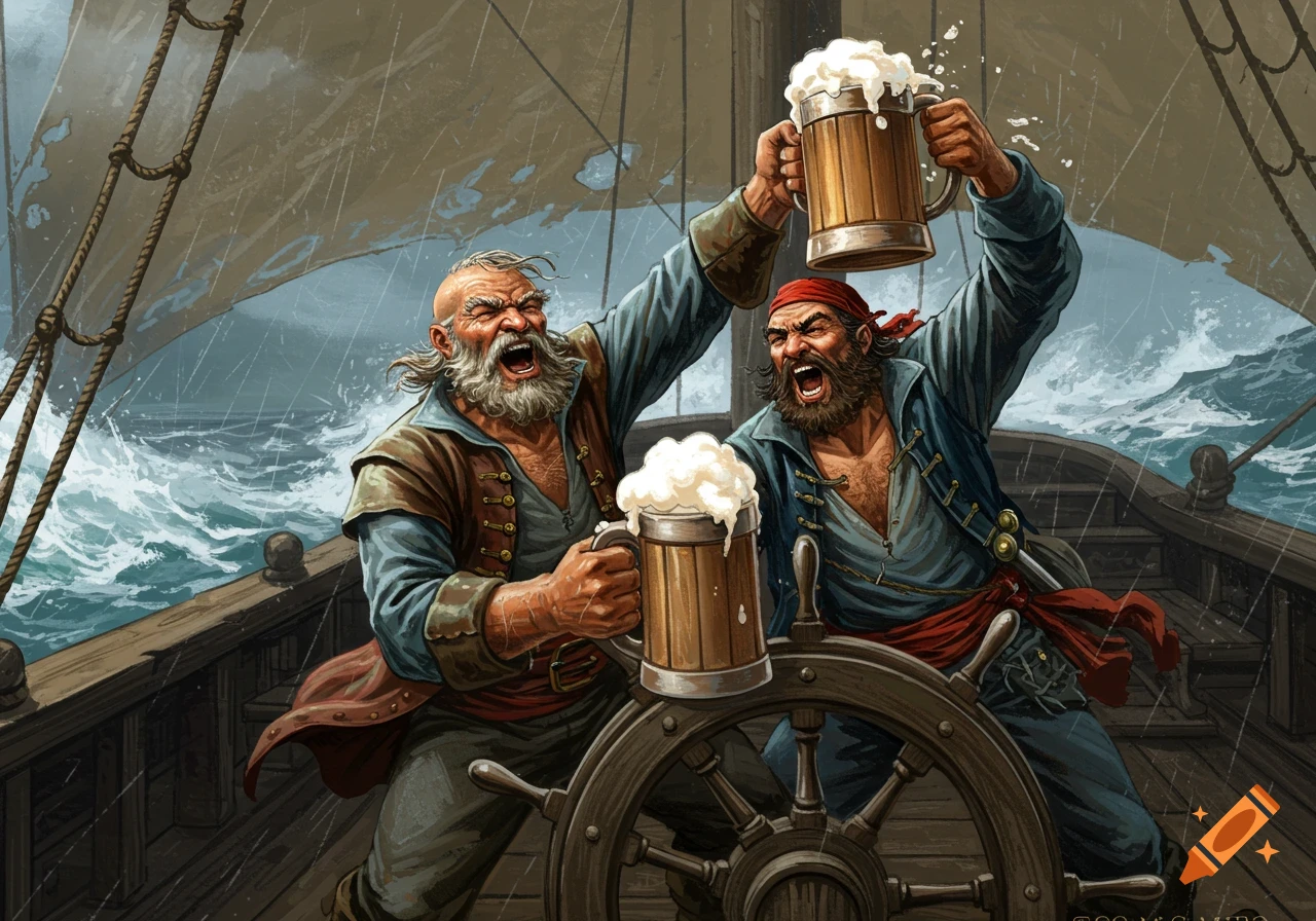 Two pirates on a stormy ship raise beer mugs, painted style. on Craiyon