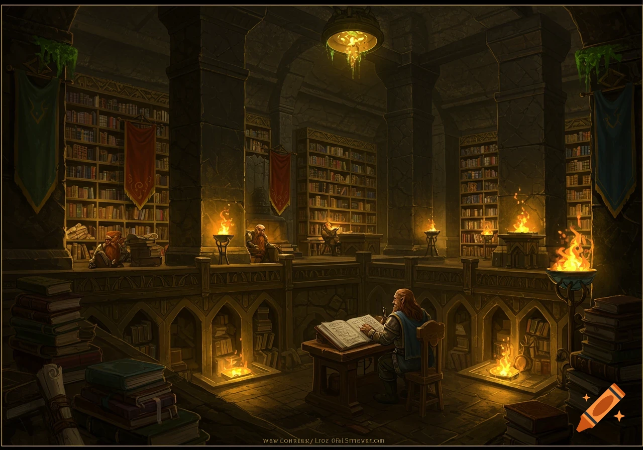 Underground dwarven library with tall bookshelves, fire pits, and ...