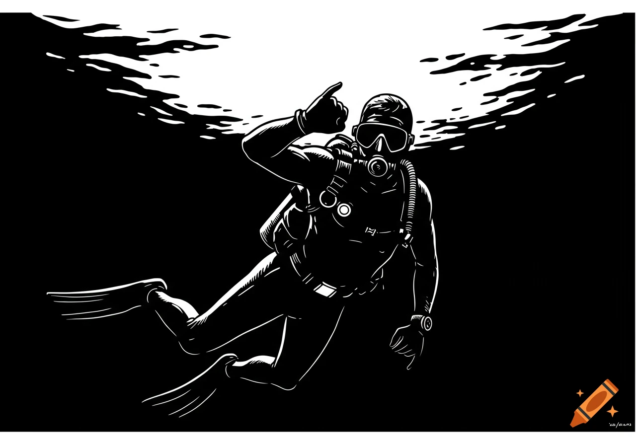 Black and white illustration of a scuba diver pointing upward ...