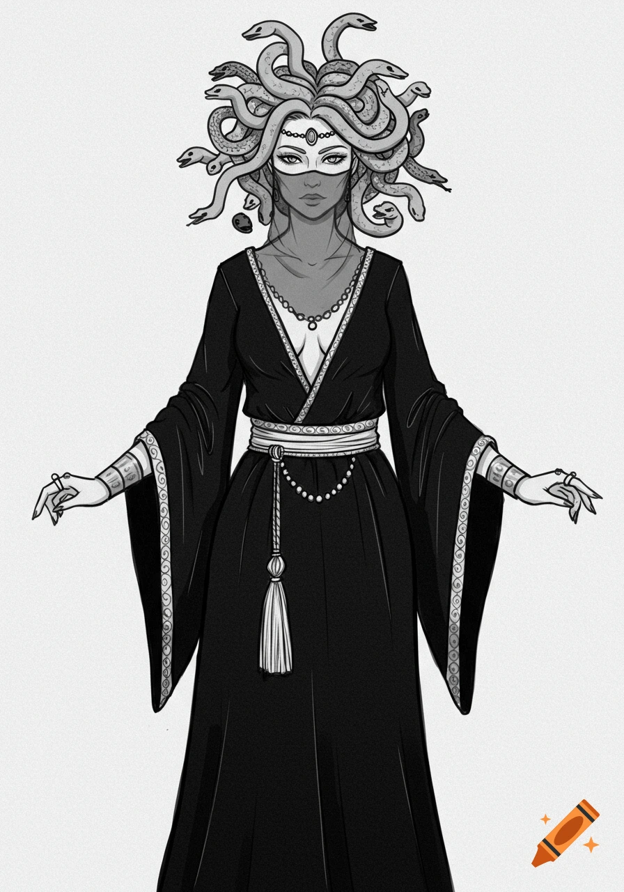 A black and white sketch illustration of Medusa in a long gown and veil ...