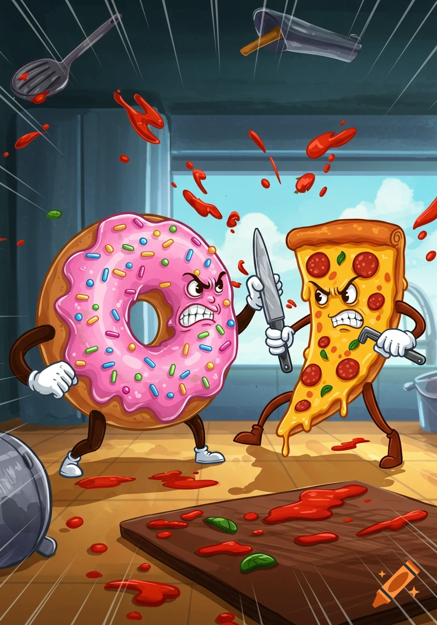 Cartoon donut fighting a pizza slice with weapons in a kitchen on Craiyon