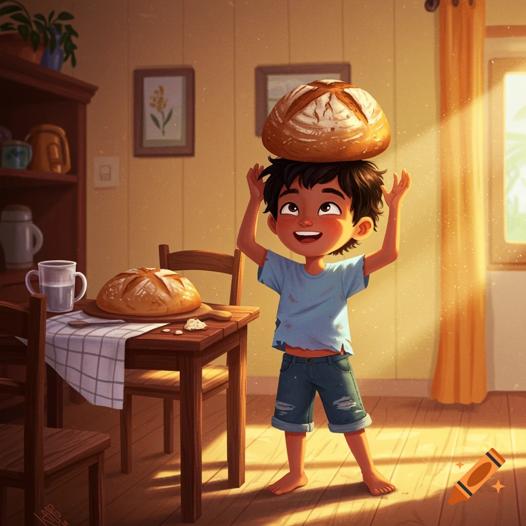 Cartoon illustration of a happy boy balancing a loaf of bread on his ...