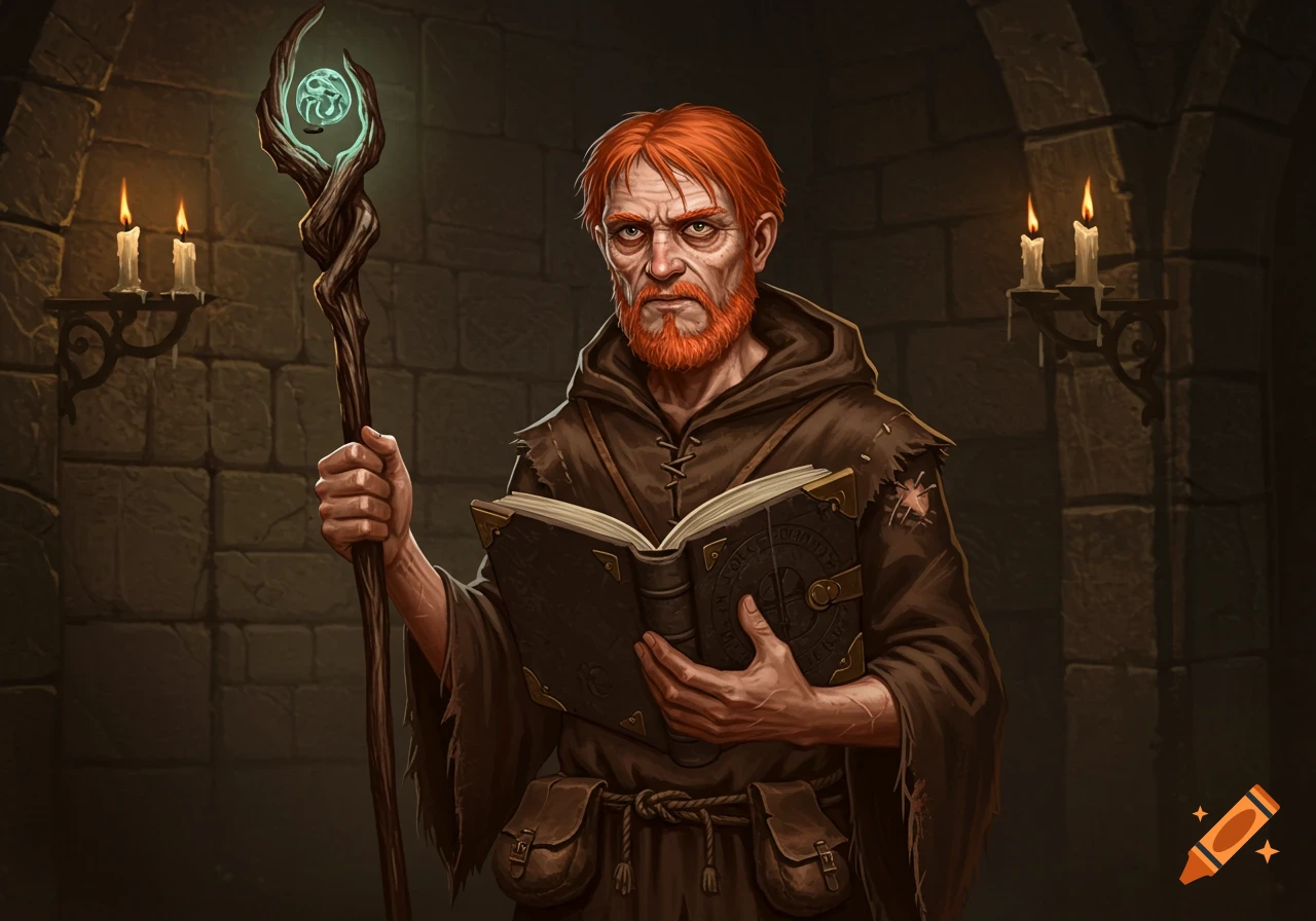 A ginger wizard holding a book and staff in a stone room. on Craiyon