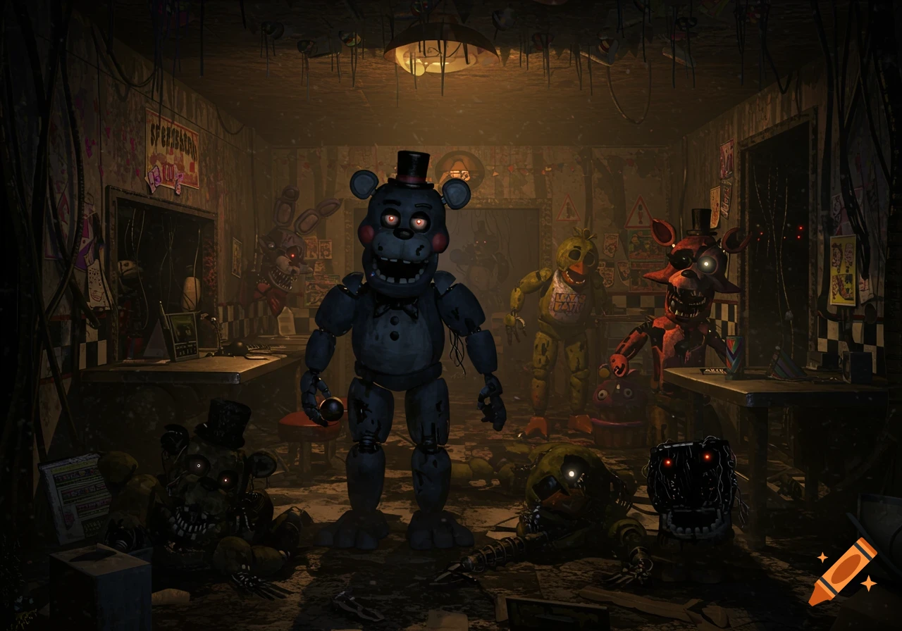Several creepy animatronics stand and lie broken in a cluttered, dark ...