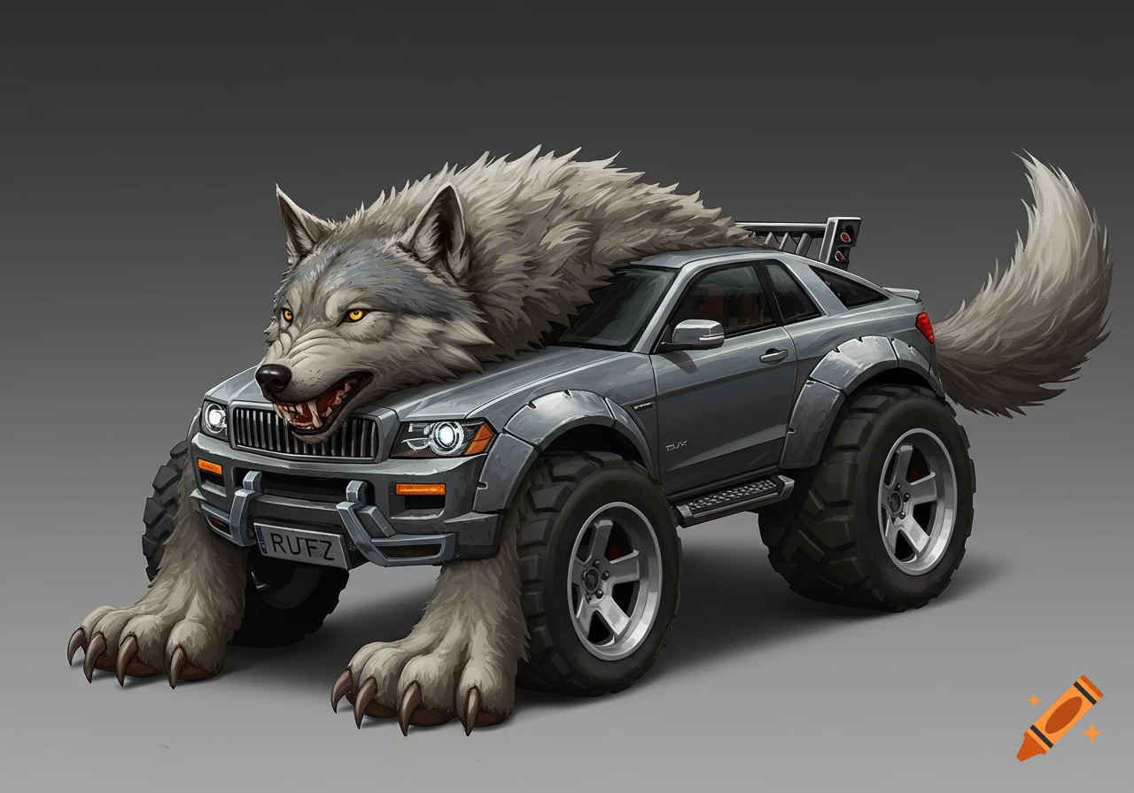 An illustration of a wolf-car hybrid with a wolf head, paws, car body ...