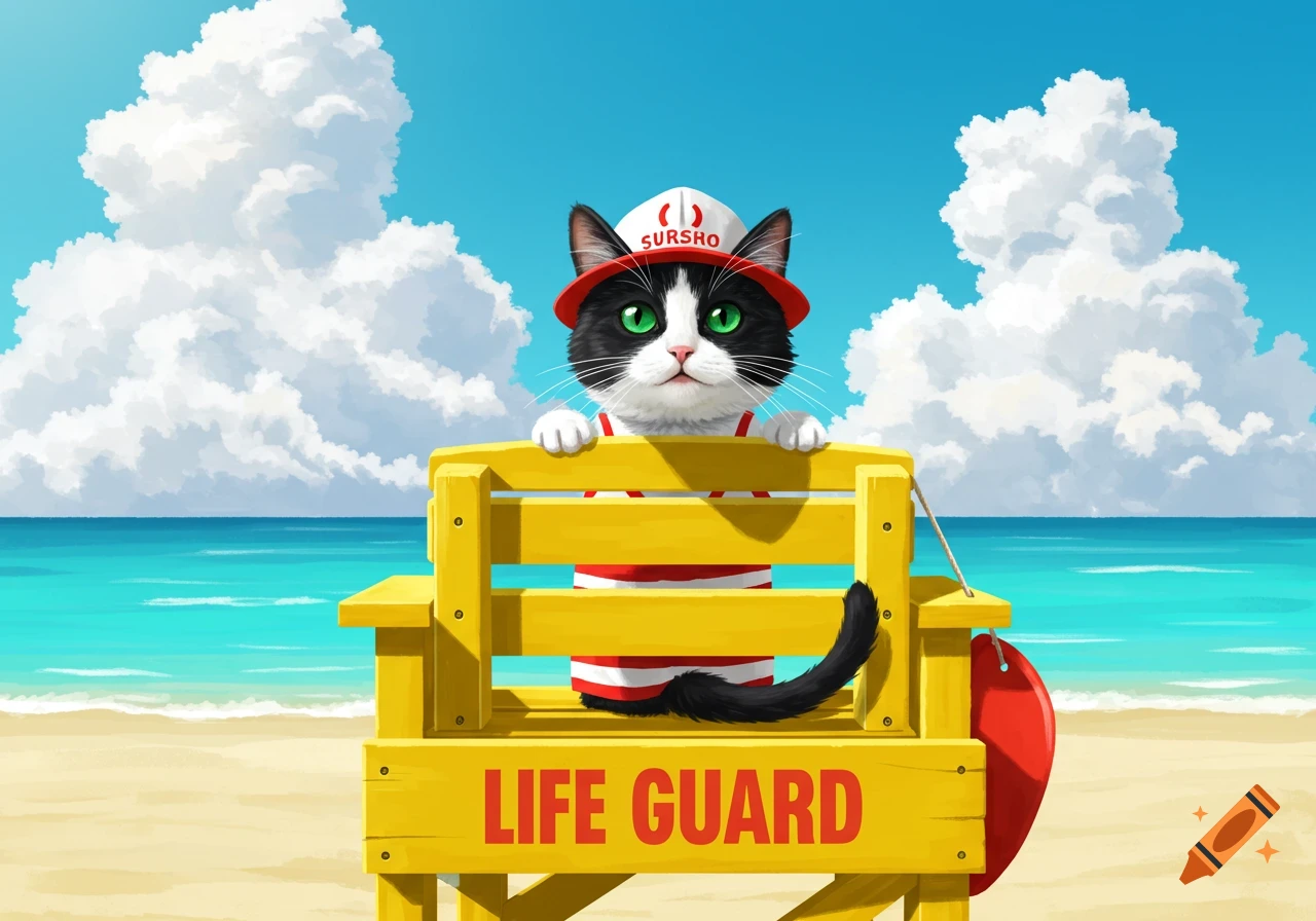 A black and white cat dressed as a lifeguard sits in a lifeguard chair ...