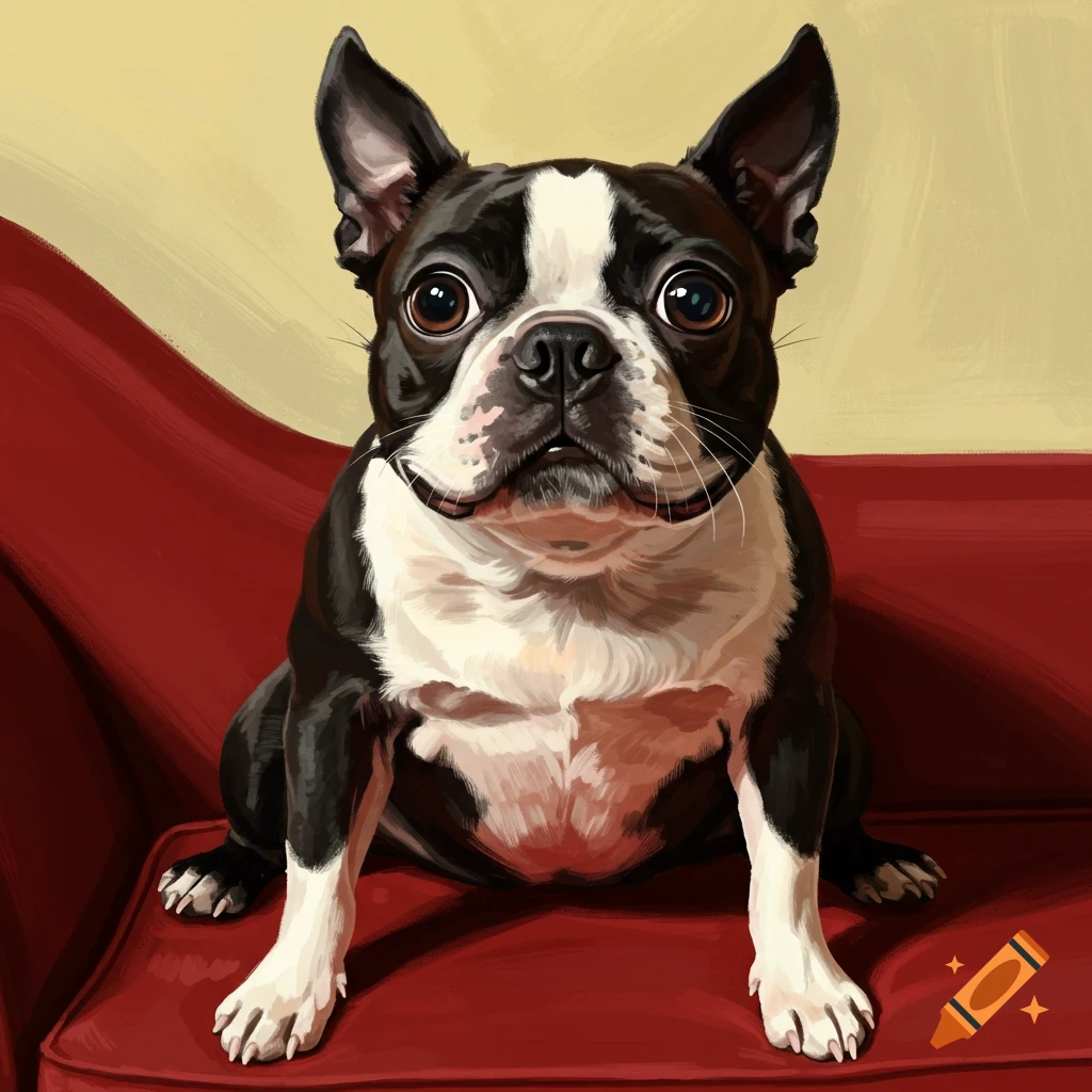 A painted Boston terrier sits on a red sofa. on Craiyon