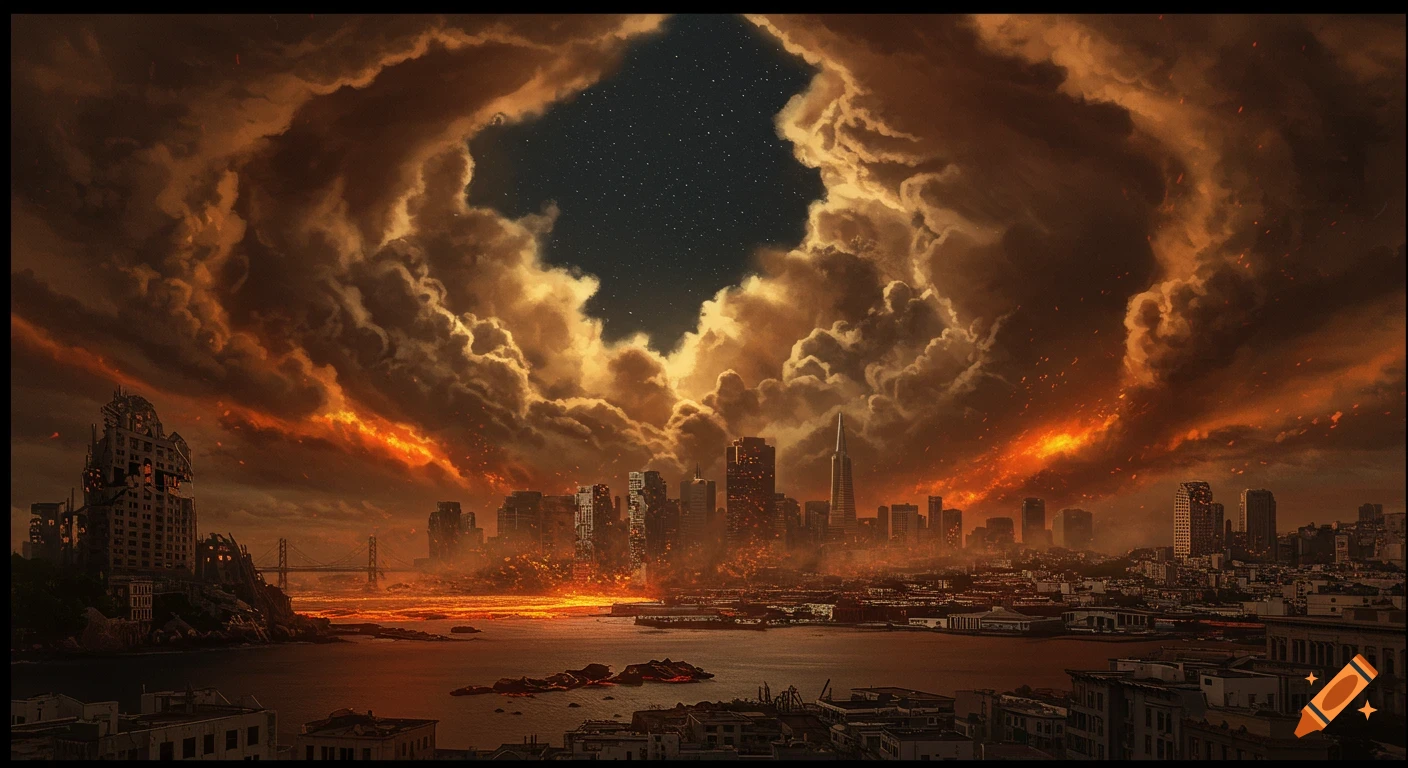 Apocalyptic San Francisco city landscape with lava and ruined buildings ...