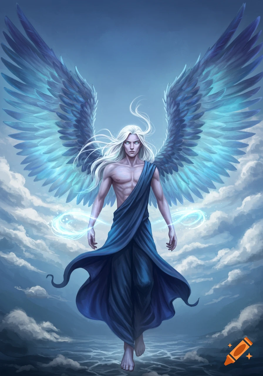 A tall pale-skinned angel with long white hair, large blue wings, and a ...