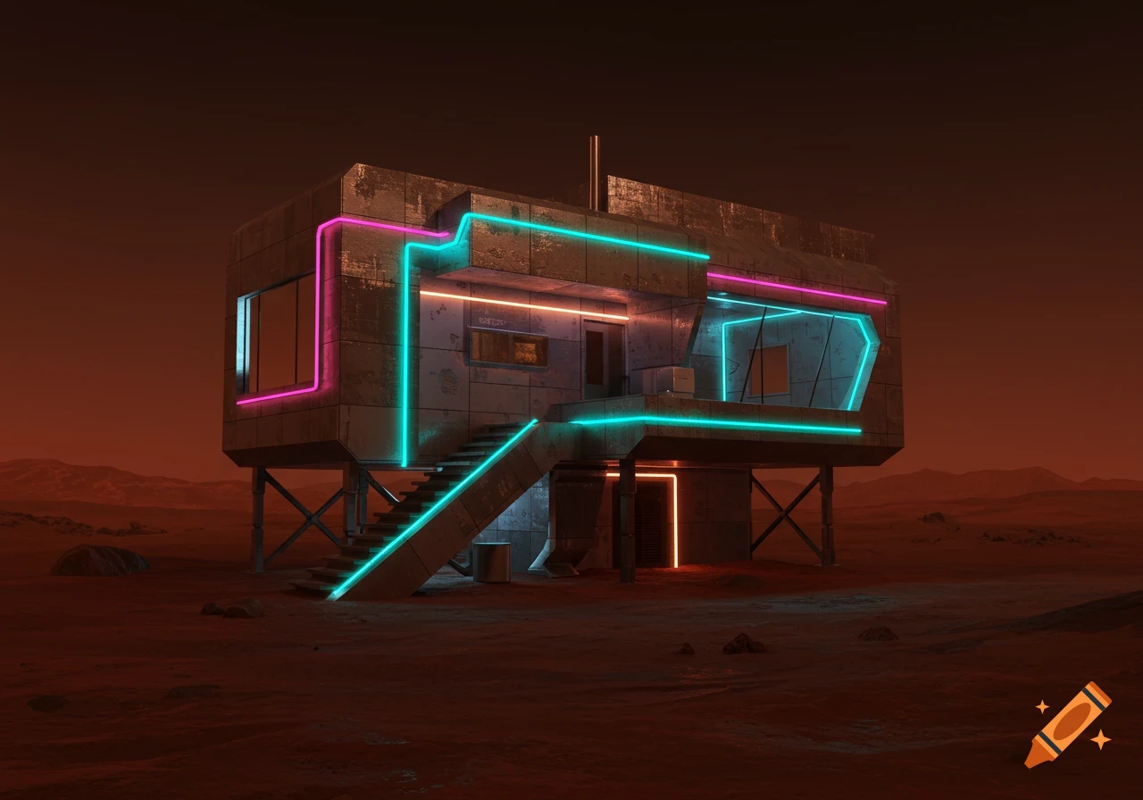 A futuristic building with neon lights stands on the red surface of ...