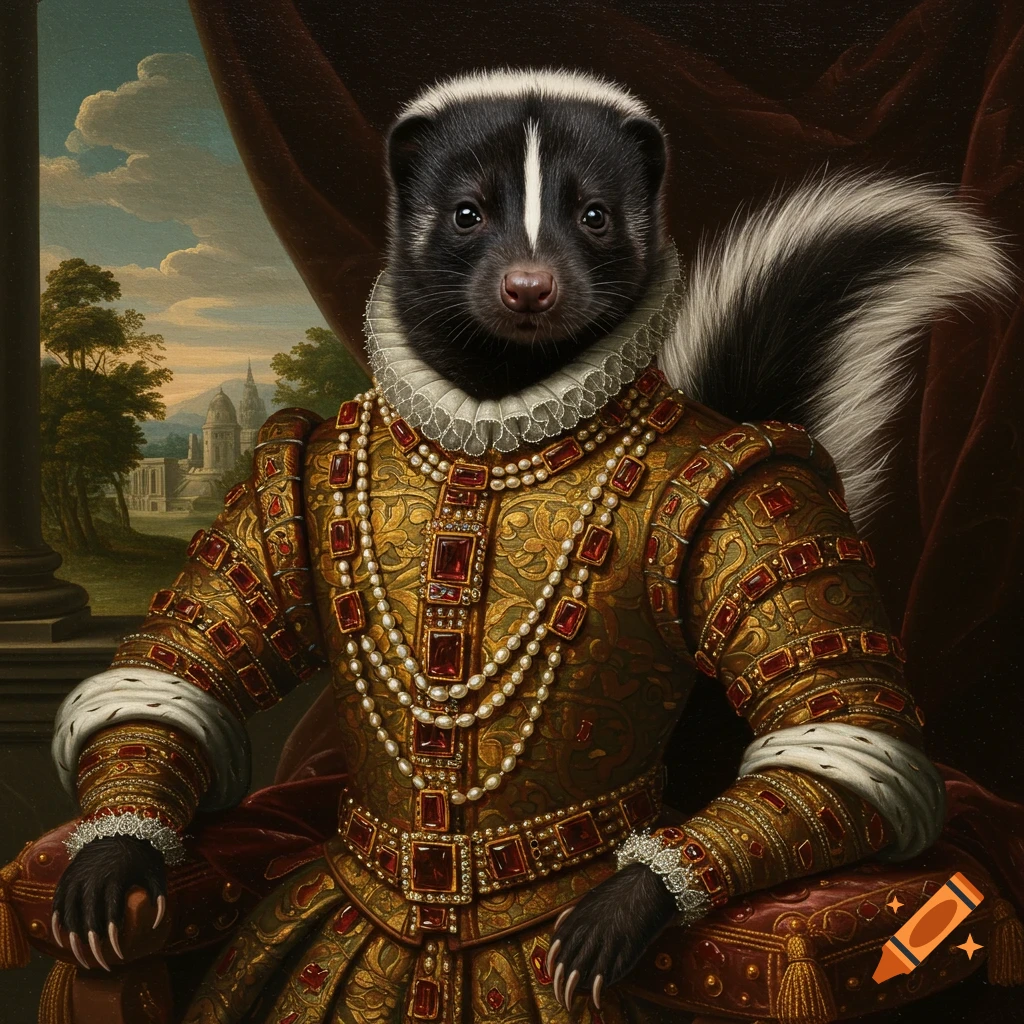 Regal skunk in a Renaissance painting wearing ornate gold and jewel ...