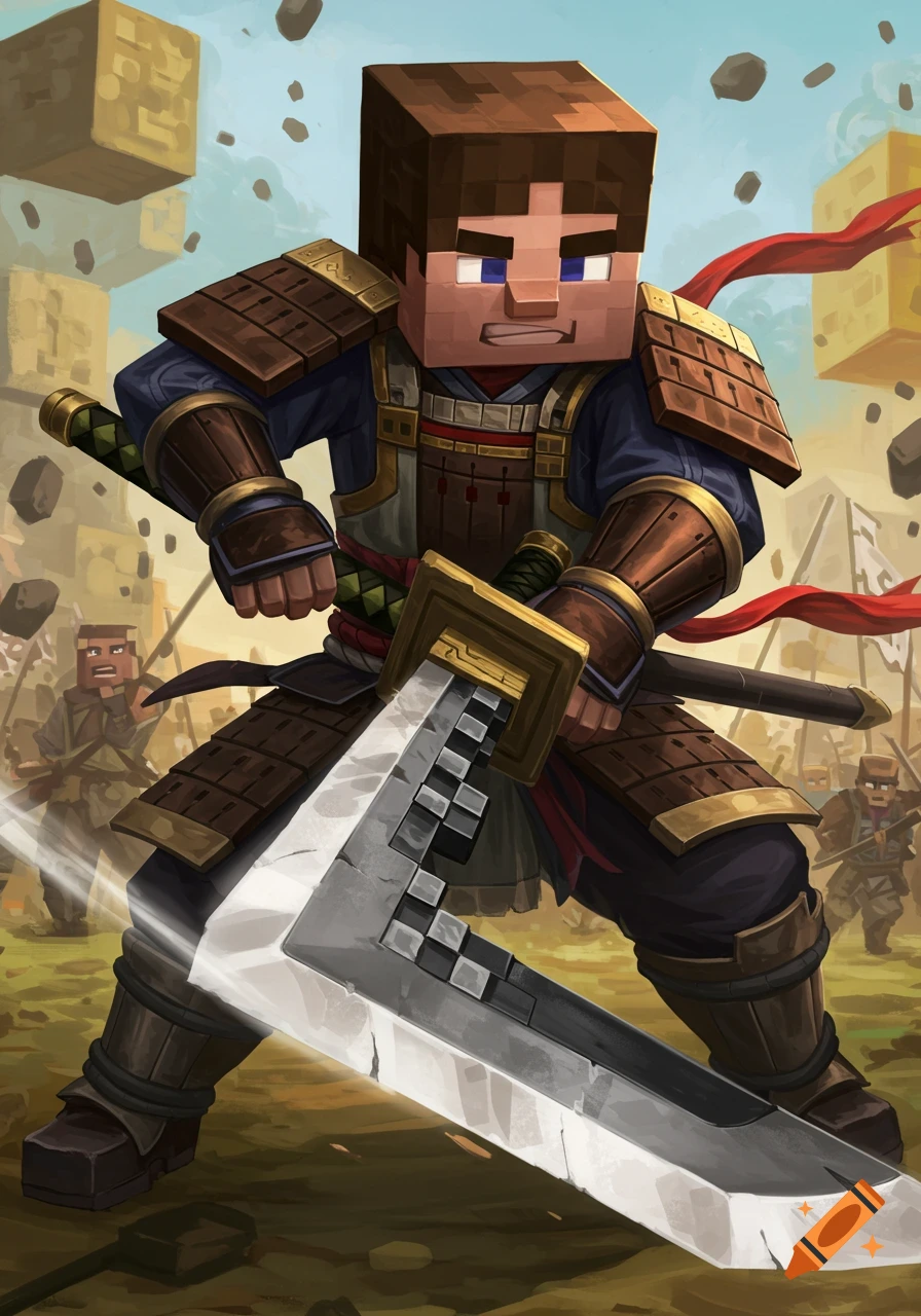 Minecraft character dressed as a warrior with a giant sword in a ...
