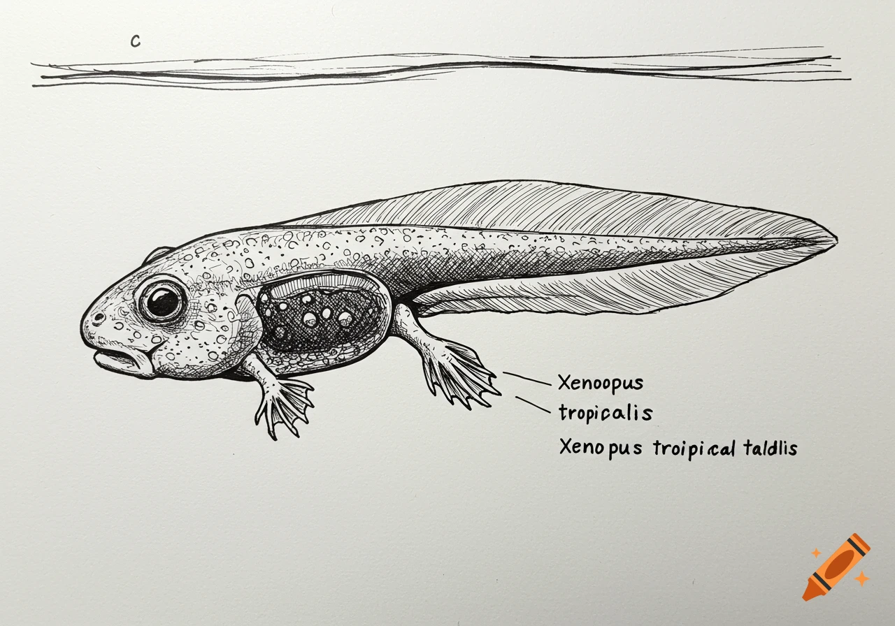 Detailed black and white illustration of a tadpole with internal ...