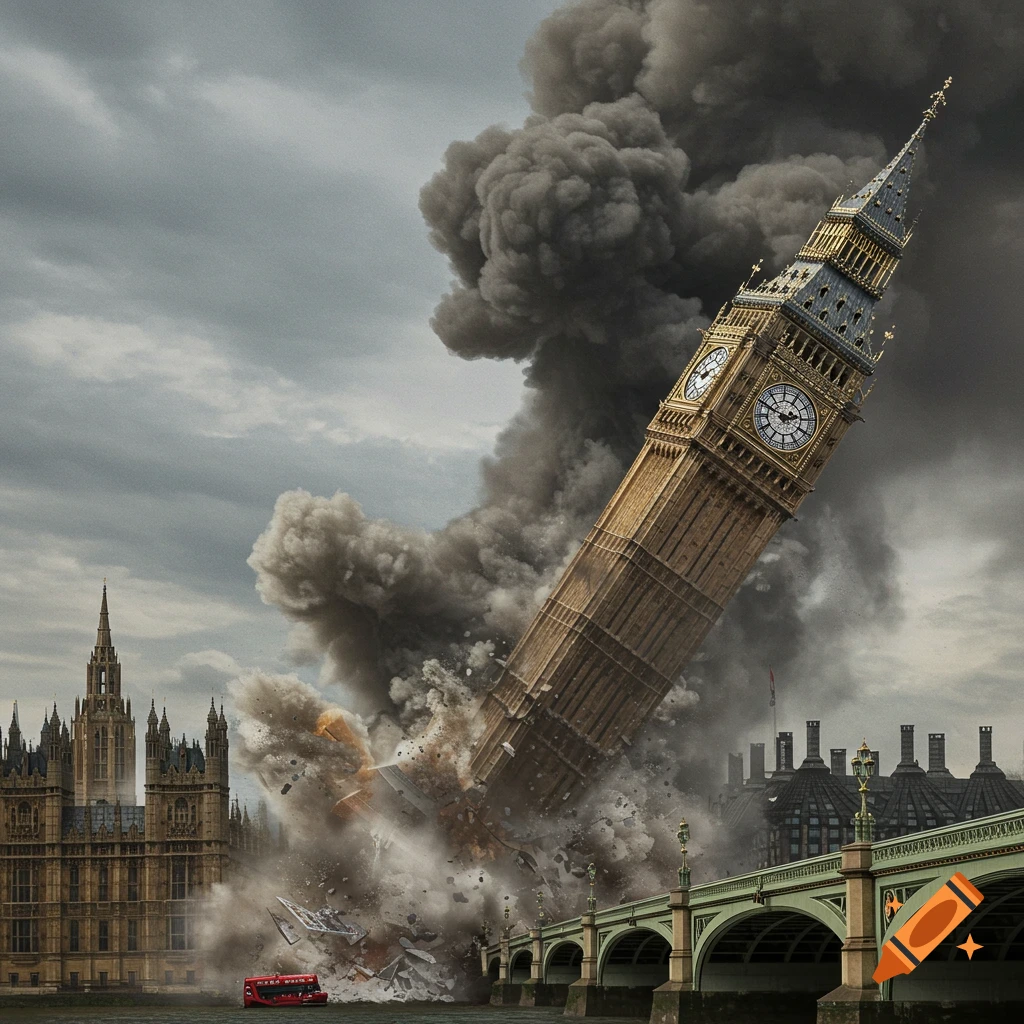 Big Ben landmark collapsing in large explosion near the Houses of ...