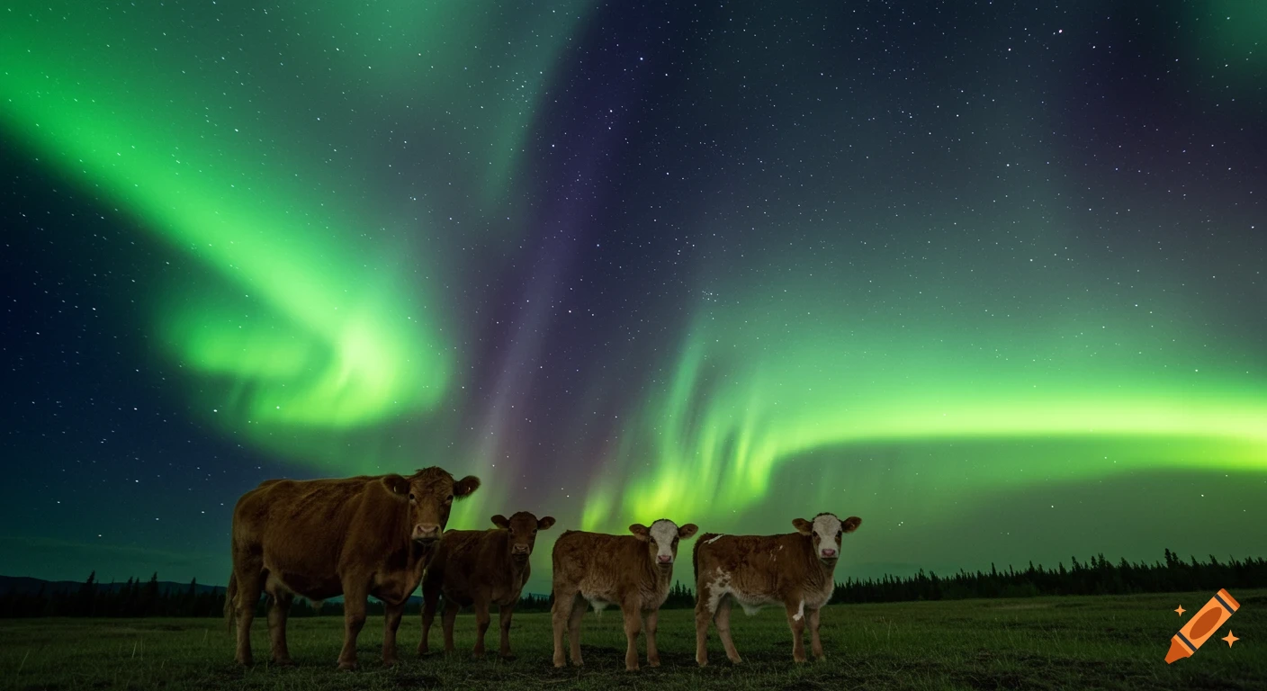 Cows stand in a field under the green aurora borealis. on Craiyon