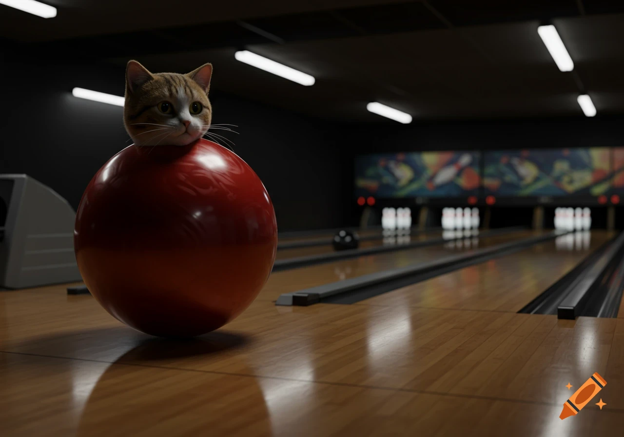 A cat's head is placed on a red bowling ball in a bowling alley. on Craiyon