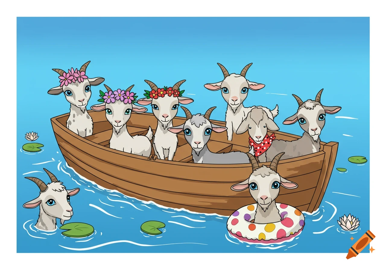 Cartoon illustration of several goats in a boat on the water. Some wear ...