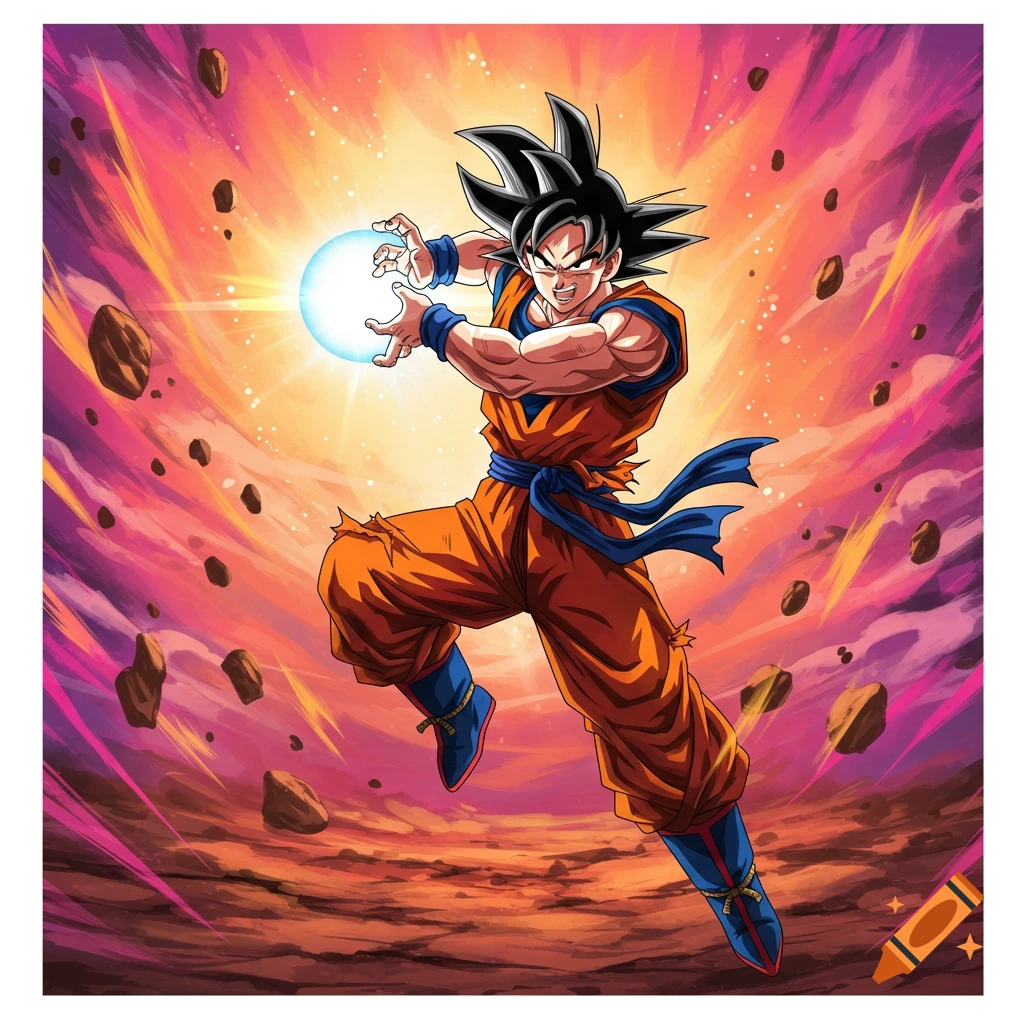 Goku charges a blue energy attack surrounded by debris and swirling ...
