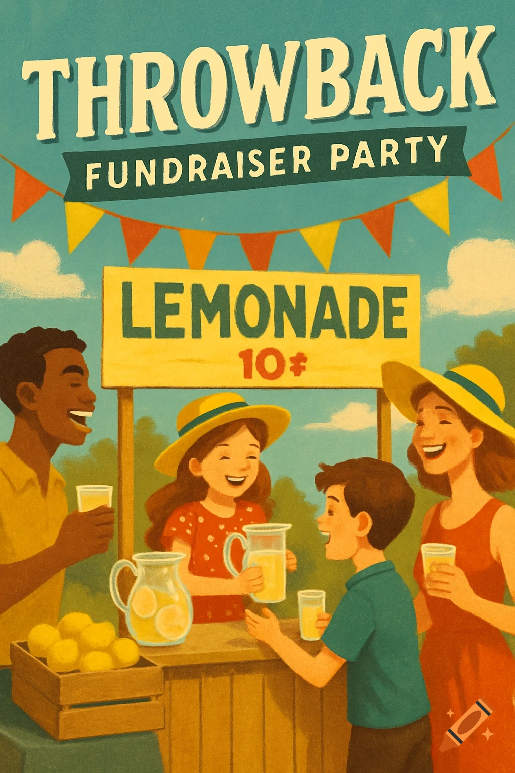 Illustration of people at a lemonade stand with signs for a Throwback ...
