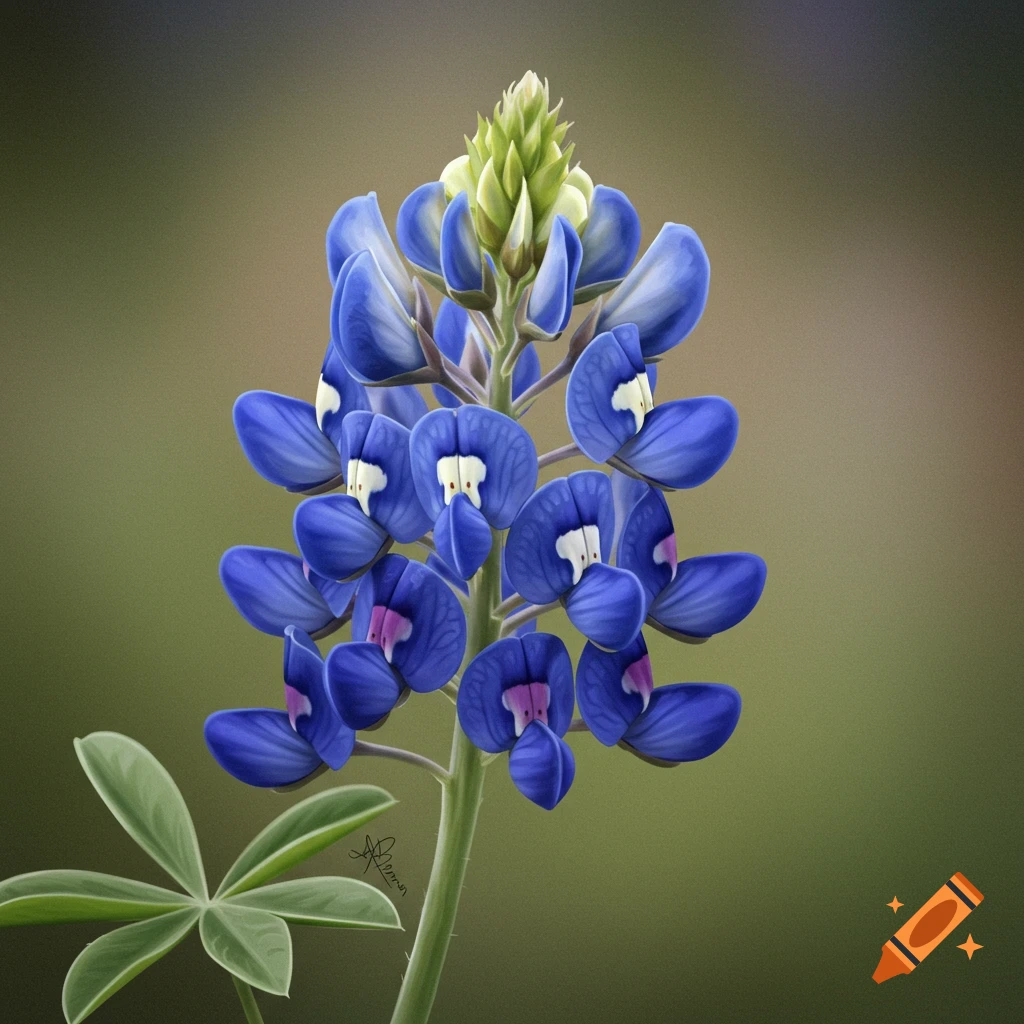 Close-up of a detailed blue bluebonnet flower on a stem with leaves ...