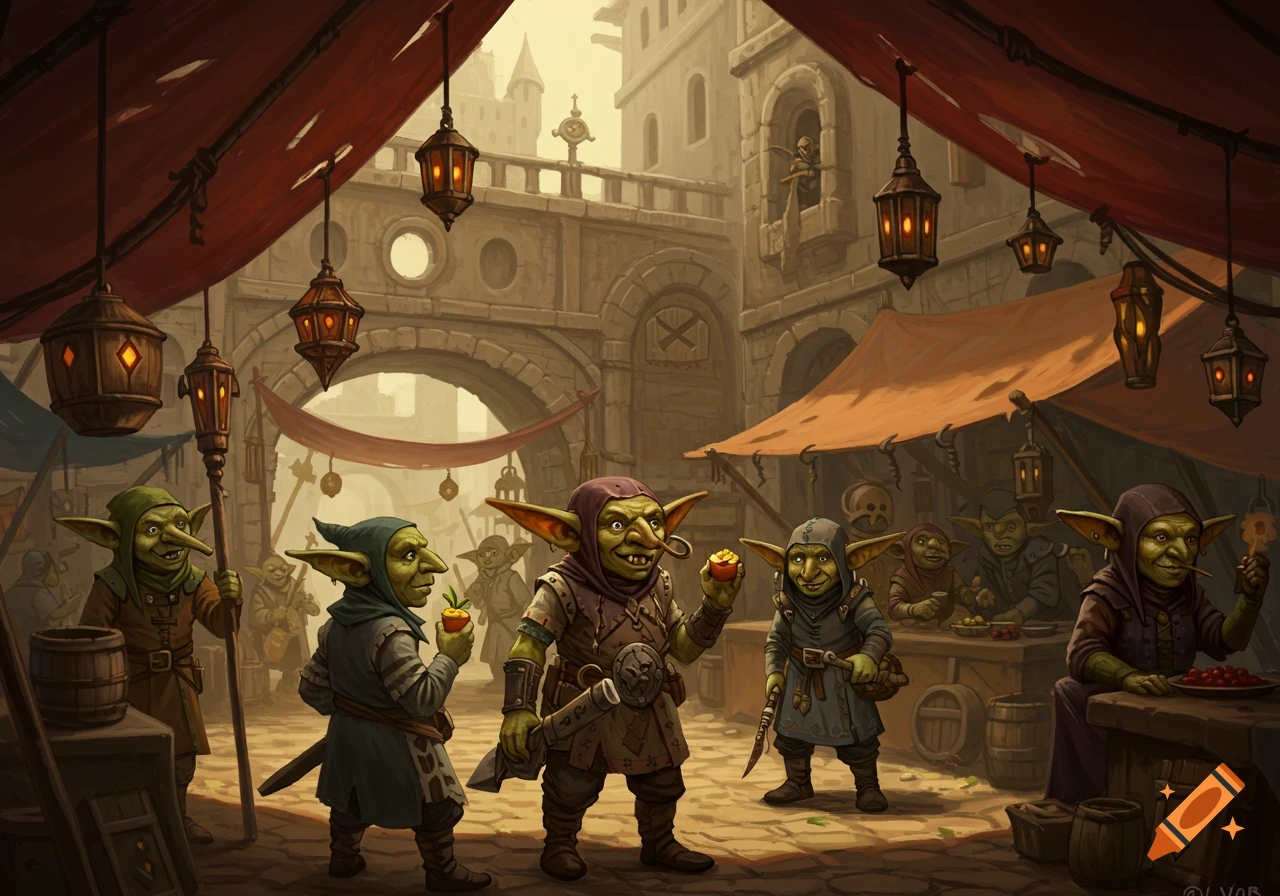 Fantasy illustration of goblins in a busy outdoor market. on Craiyon
