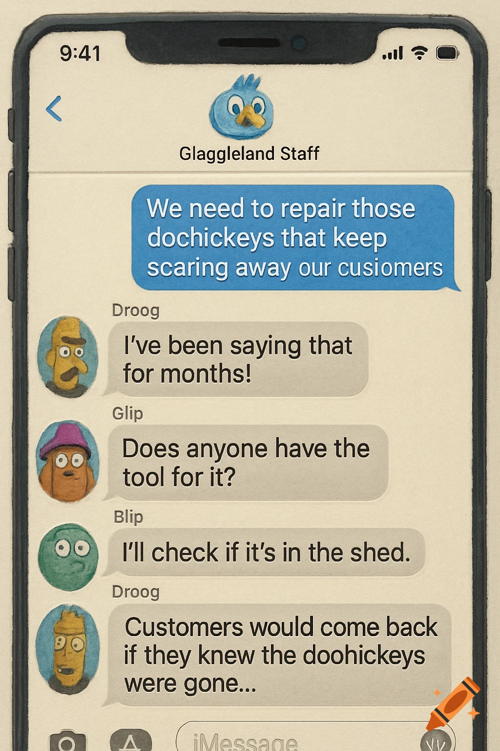 A smartphone screen displays a group chat message conversation between ...