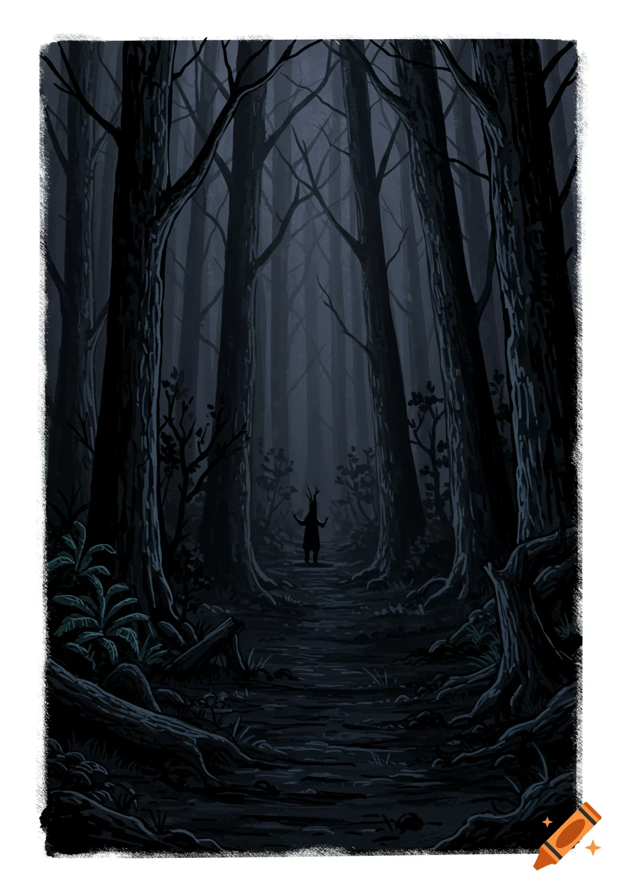 A dark, shadowy forest path leads to a small figure with antlers ...