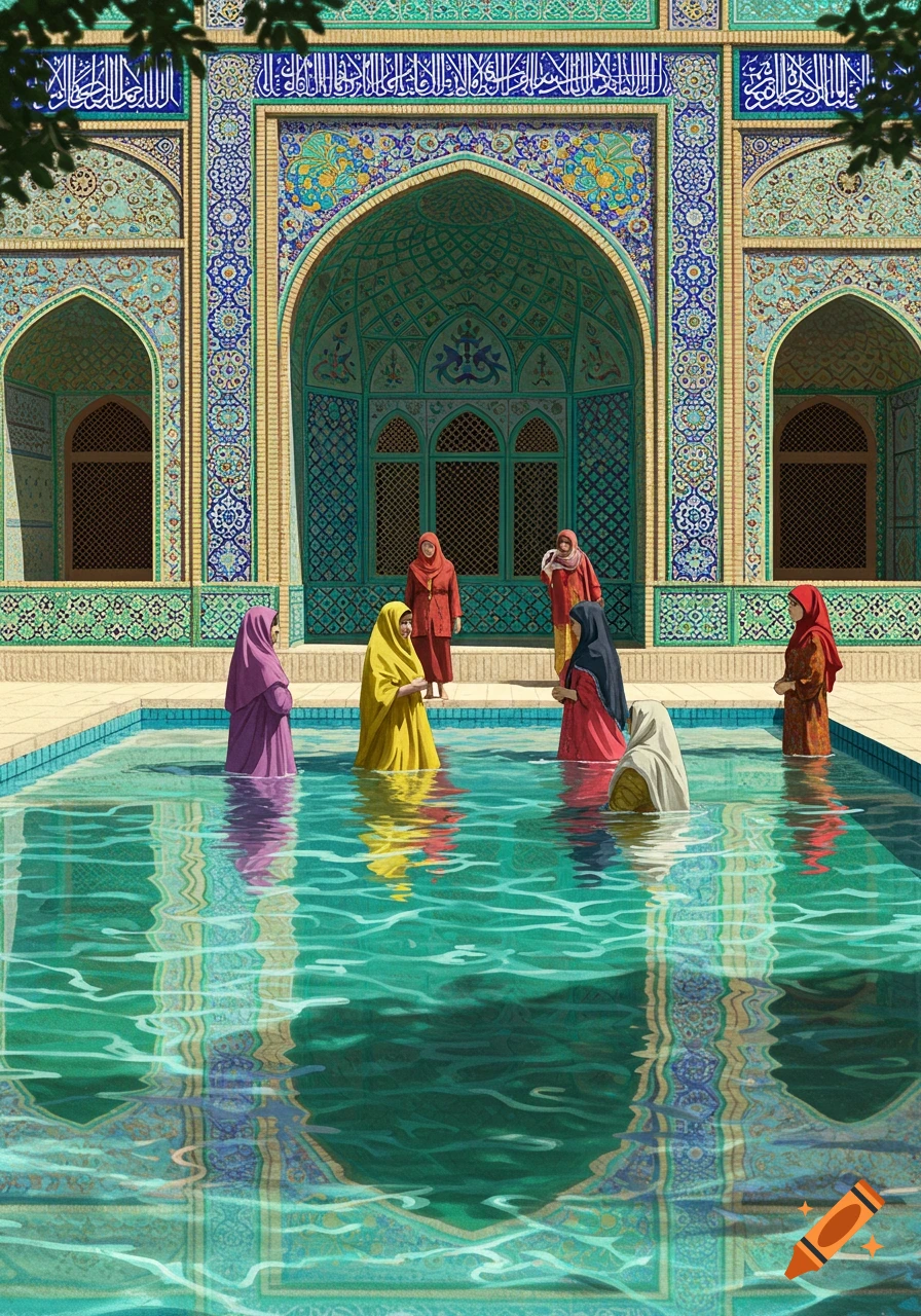 Women in a pool by a large, ornate tiled Persian building on Craiyon