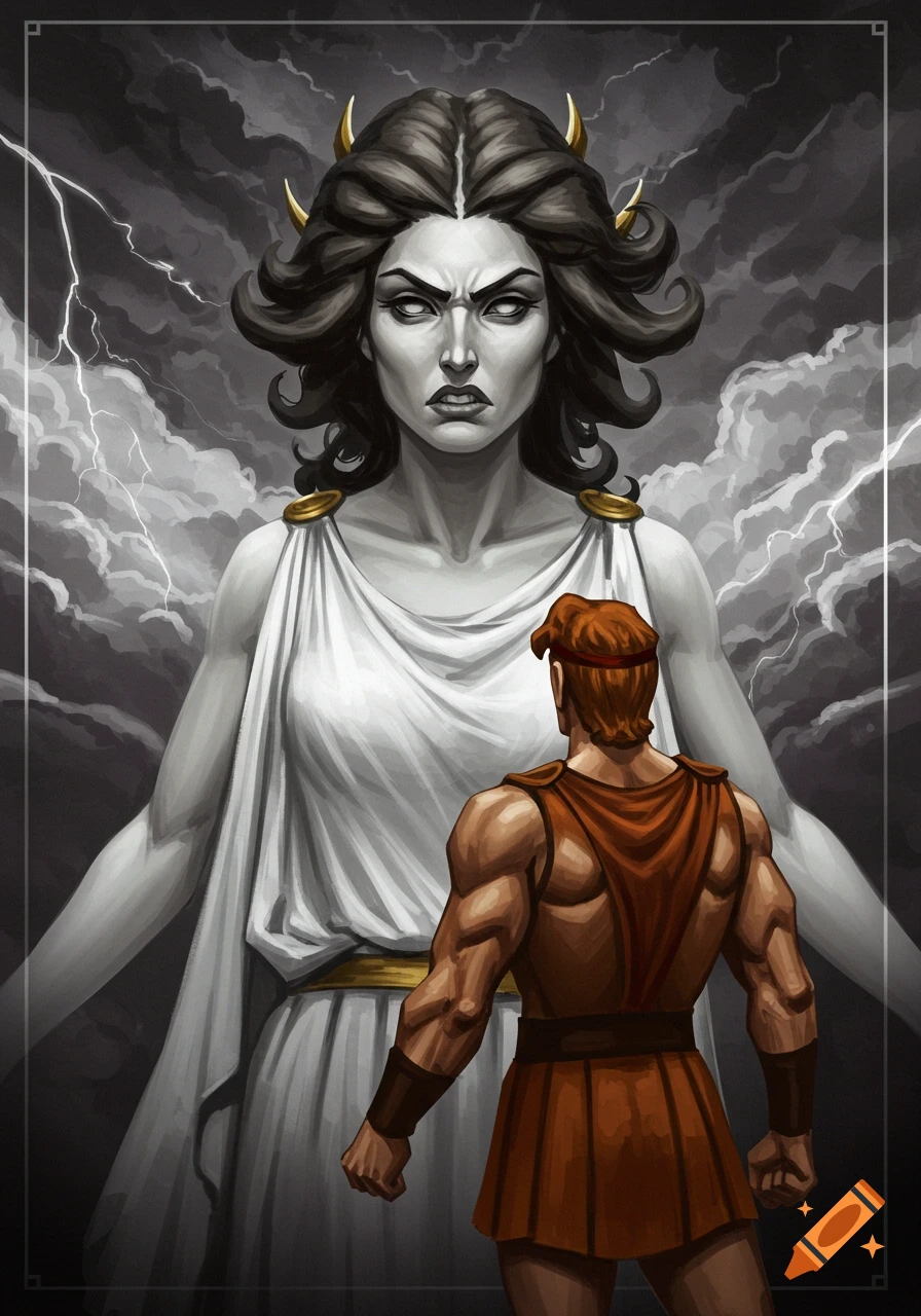 Illustration of angry goddess Hera towering over hero Hercules in a ...
