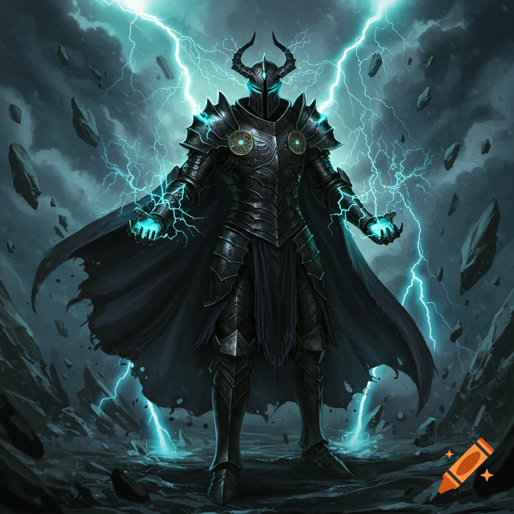 A dark fantasy knight in black armor generating blue lightning. on Craiyon